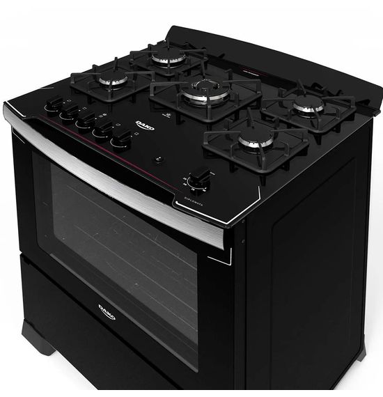 Fogão 5 Bocas Dako Diplomata Acendimento Automático com Frente em Vidro Preto e Tripla Chama ...
