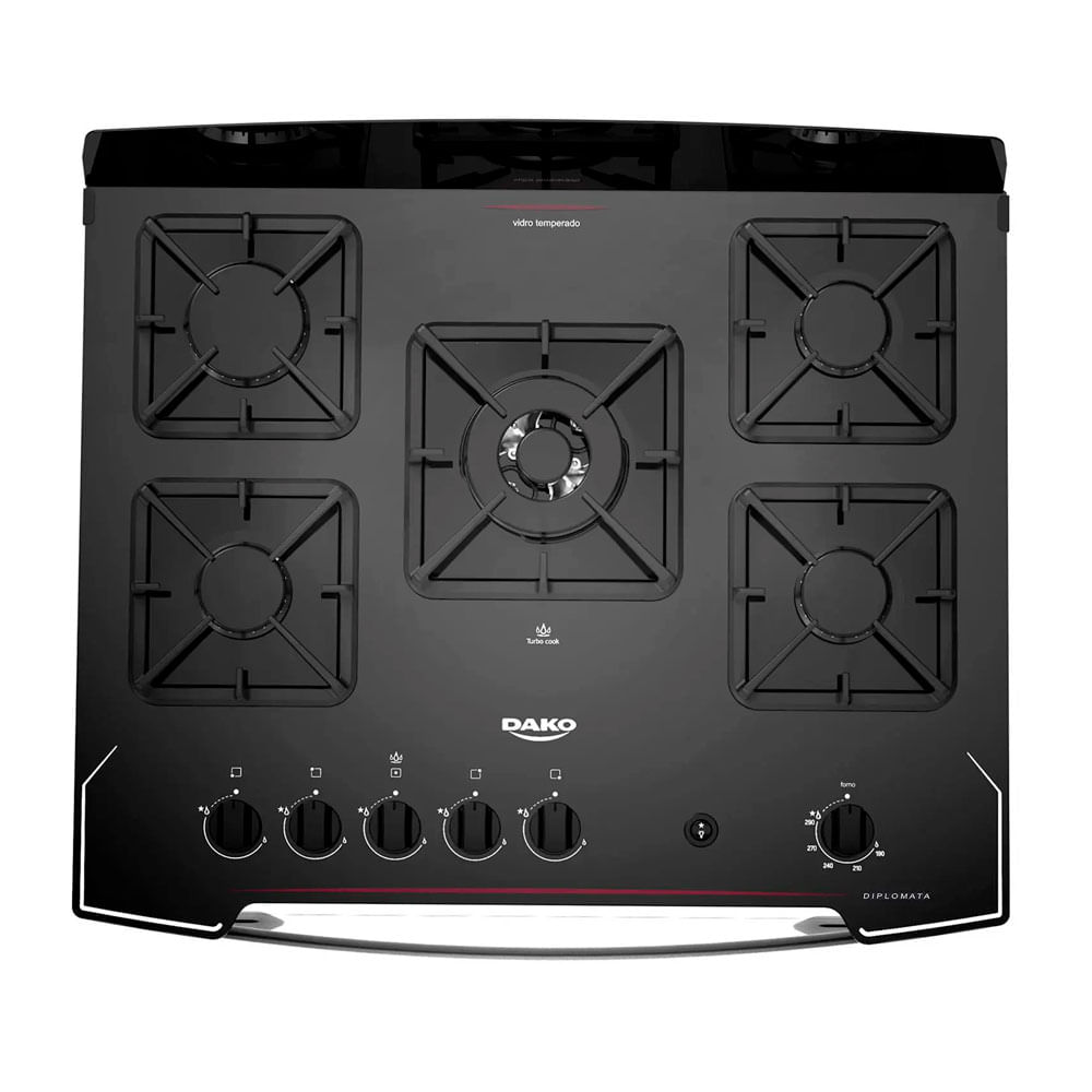 Fogão 5 Bocas Dako Diplomata Acendimento Automático com Frente em Vidro Preto e Tripla Chama ...